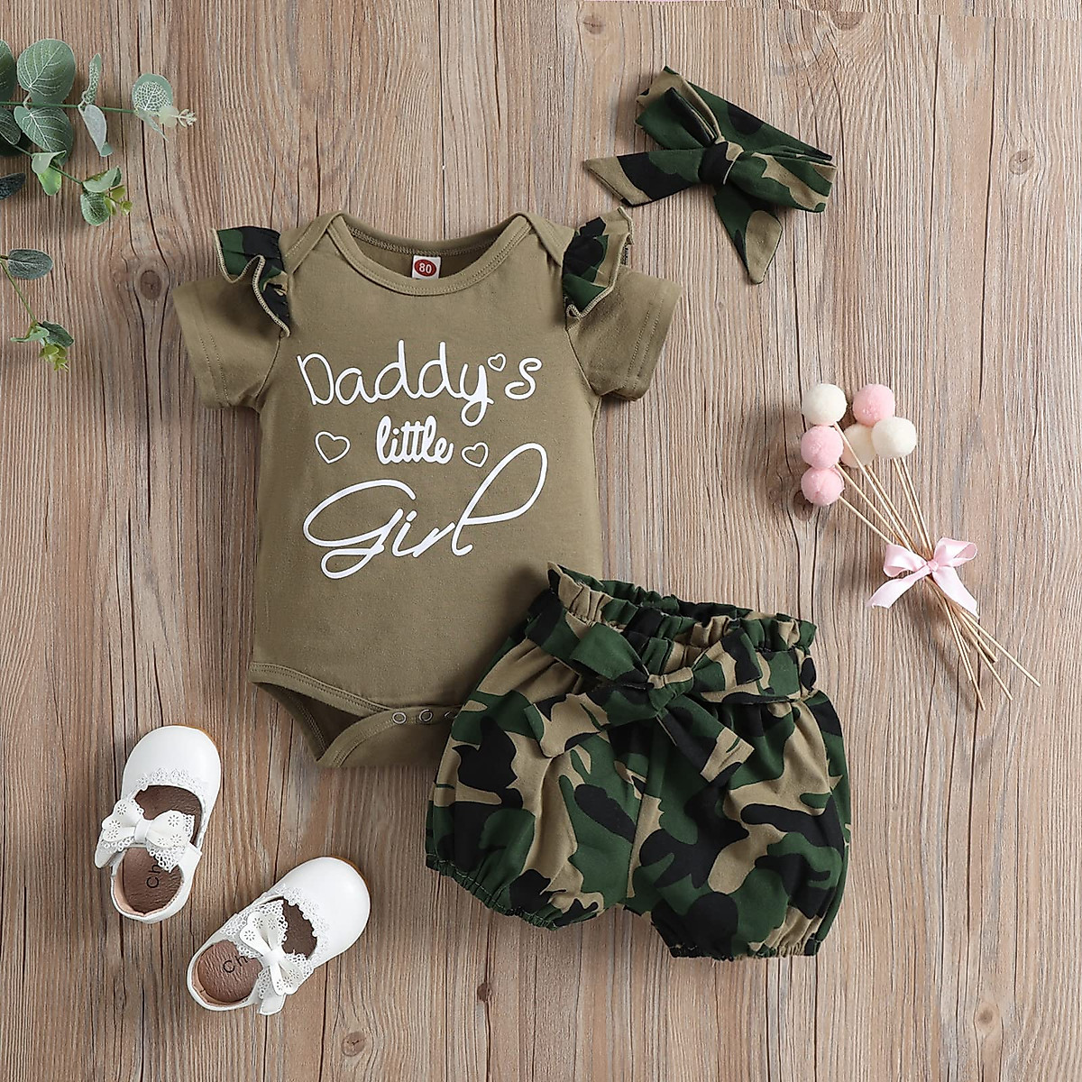AMAWMW Daddys Little Girl Baby Clothes Ruffle Short Sleeve Romper Camo Bloomers Headband Newborn Infant Baby Girl Summer Outfit (Green, 0-6 Months)