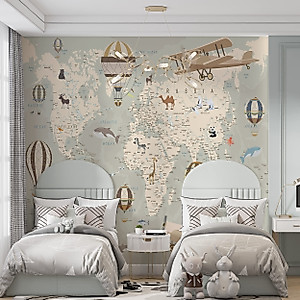 Kids Wallpaper World Map with Animals Wall Mural Removable Peel and Stick Wall Murals for Girls Boys Kids Waterproof Wallpaper Room Bedroom Living Room Self Adhesive Mural Wallpaper Size 78.74x47.24in