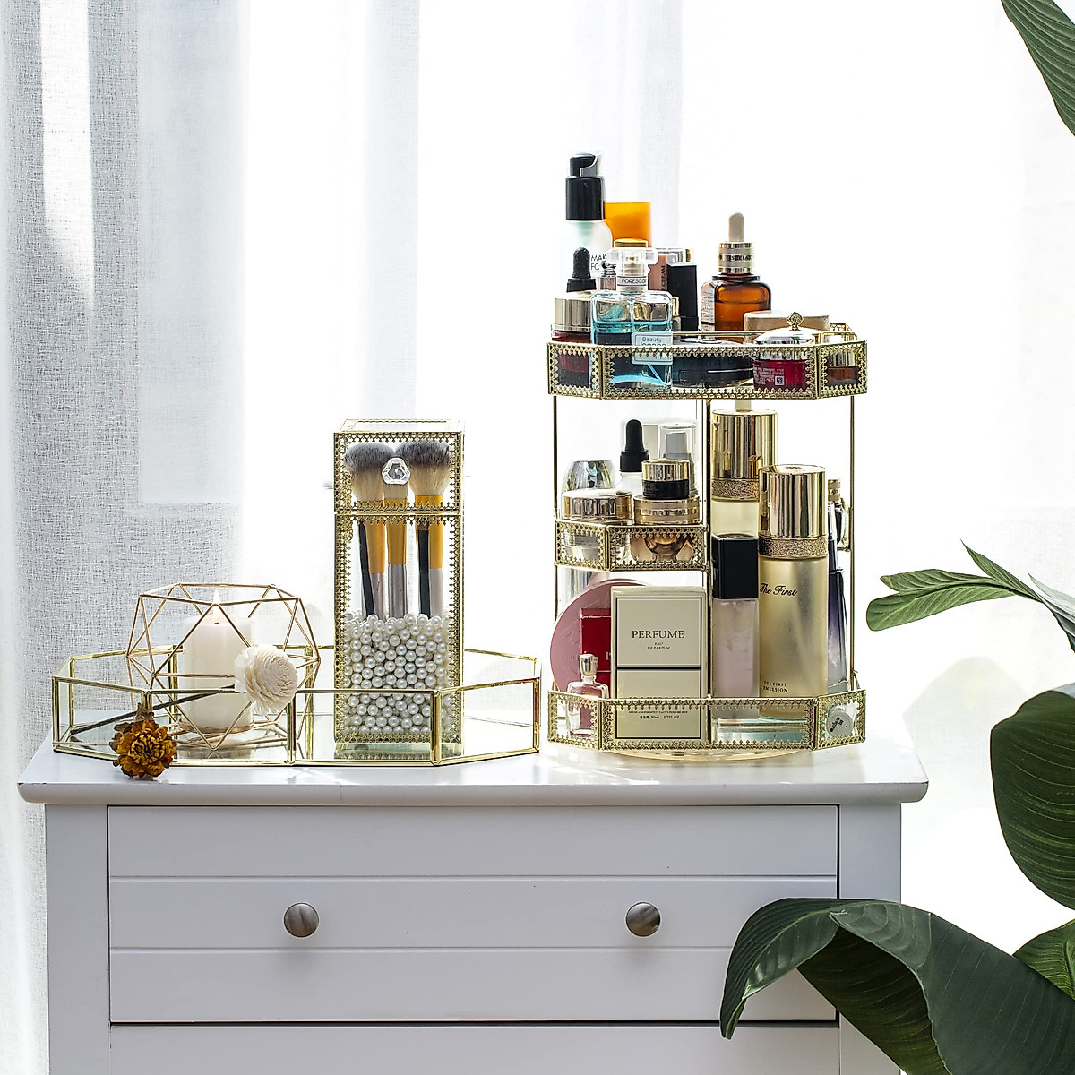 Senjie Makeup Organizer 360 Degree Rotating Countertop Cosmetics Storage Display for Lipsticks Perfumes Skincare Large Capacity,Gold