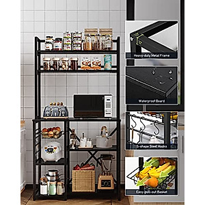 Gizoon Home Kitchen Baker's Rack with Spacious Storage, 5 Tier Versatile Microwave Stand Shelf with Basket & Side Hooks,Free Standing, Sturdy, Durable-Black