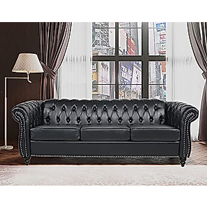 DEINPPA Chesterfield Faux Leather Fabric Sofa with Rolled Arm and Nailhead 84" Modern Design Three Seater Sectional Couch for Home Furniture (Faux Leather, Black)