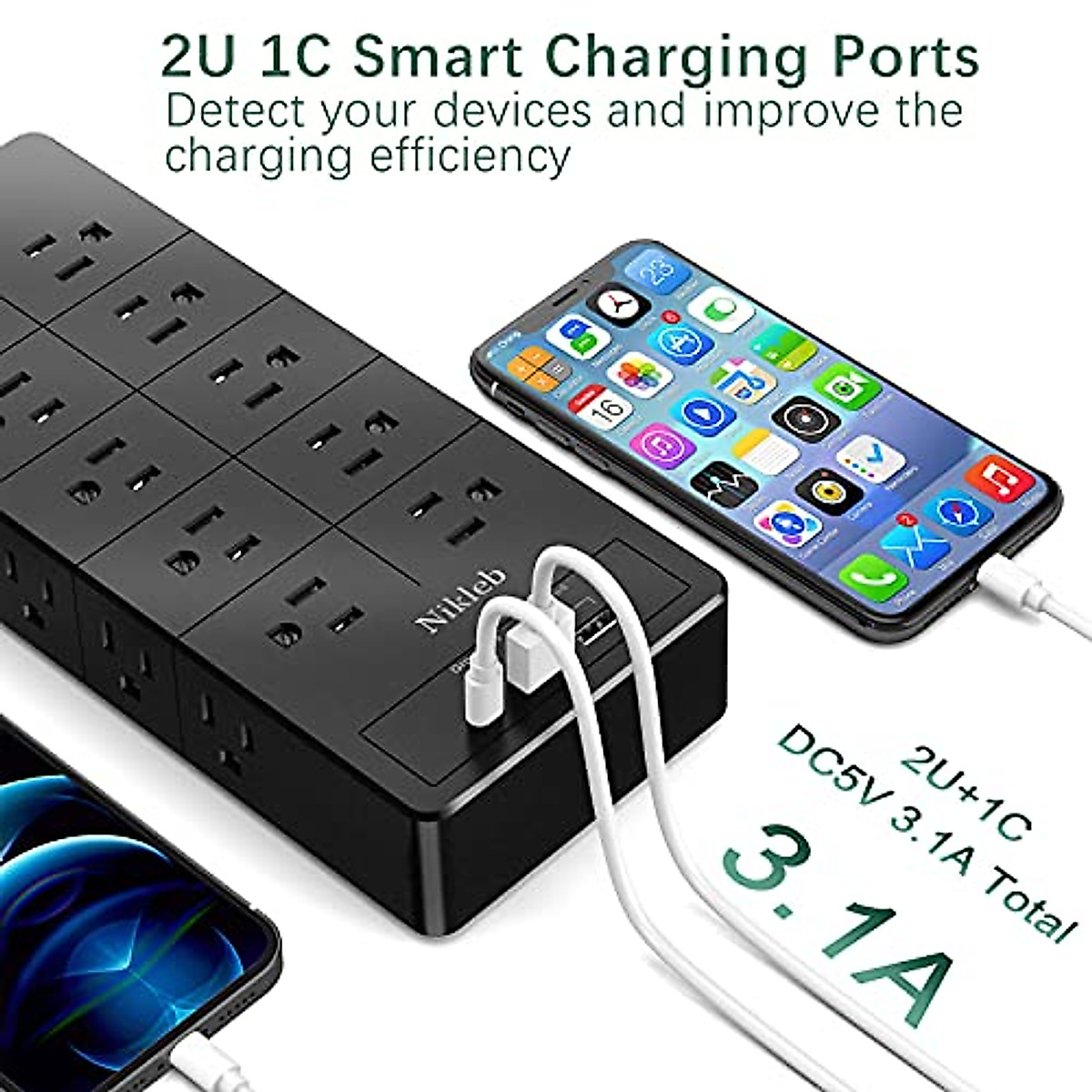 Power Strip 23 in 1, 20 Outlets Surge Protector Wall Mount with 2 USB Ports + 1 USB C Port 3.1A Total, Multi Plug Extension Cord 6ft Heavy Duty, USB Charging Station for Multiple Devices, Home, Office