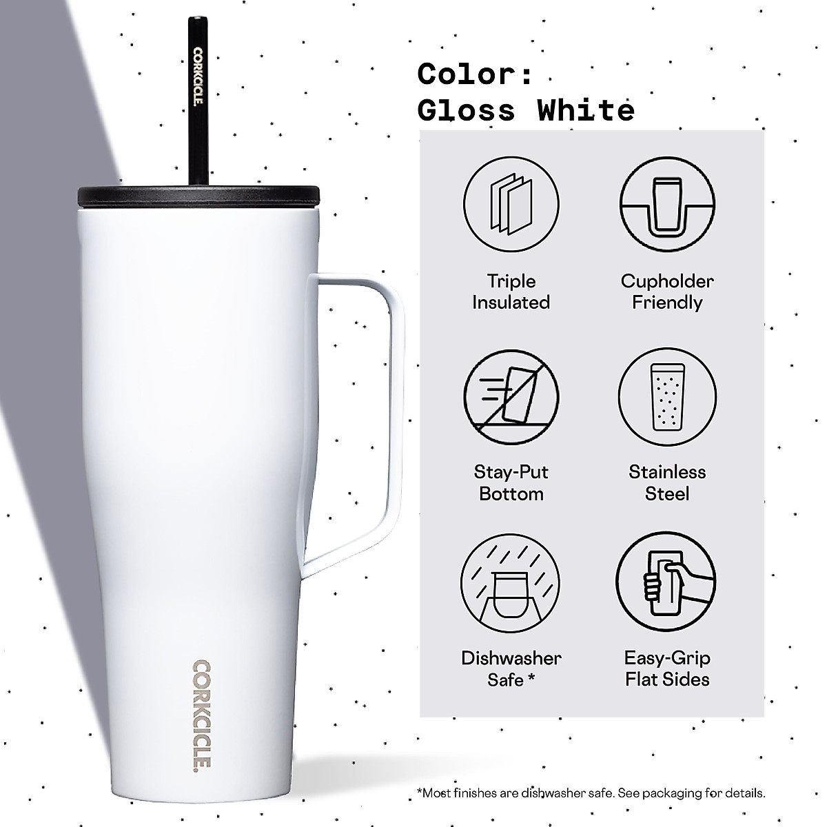 Corkcicle 30oz Tumbler With Handle, Gloss White, Reusable Water Bottle, Triple Insulated Stainless Steel Travel Mug, BPA Free, Keeps Beverages Cold 12 Hours, Tumbler with Lid and Straw, Cold Cup XL
