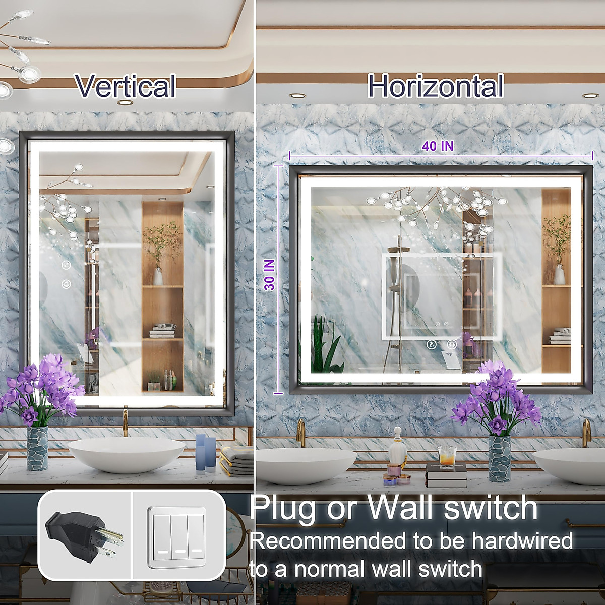 JSneijder 2-Piece(Frameless+Framed) LED Bathroom Mirror, 40x32 Inch, Wall Mounted Dimmable Anti Fog Lighted Vanity Mirror for Bedroom