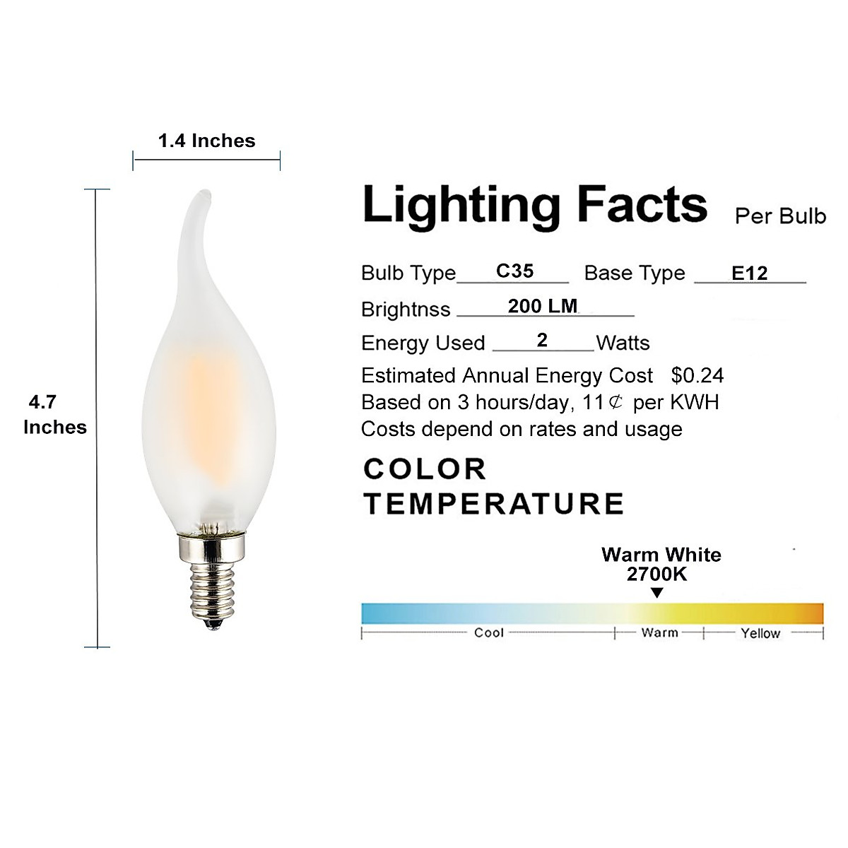OPALRAY C35 2W(25W Incandescent Equivalent) LED Candelabra Bulb, Dimmable, LED Filament Lamp, Warm White Light 2700K, Frosted Glass Cover, E12 Small Base, Flame Tip, 5-Pack
