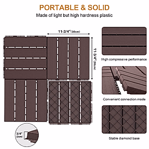 Goovilla Plastic Interlocking Deck Tiles, 9 Pack Patio Deck Tiles, 12"x12" Waterproof Outdoor Flooring All Weather Use, Patio Floor Decking Tiles for Porch Poolside Balcony Backyard, Dark Brown