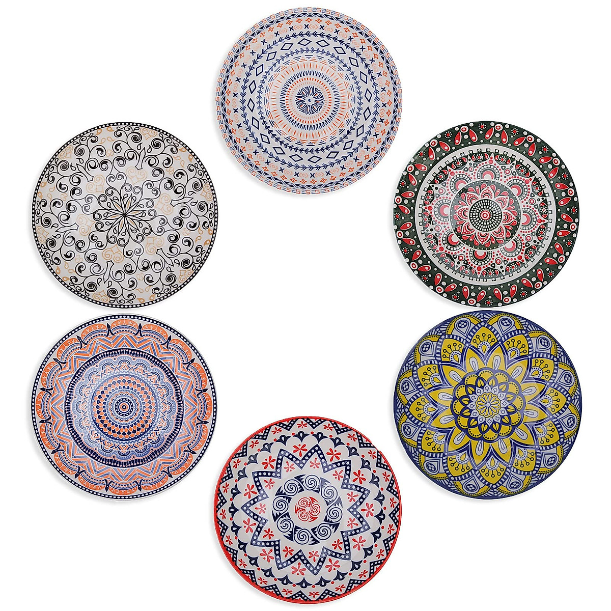 Kitchenexus Ceramic Pasta Bowls Set of 6 30oz Large Salad Bowl Wide and Shallow Porcelain Salad Pasta Dishes Colorful Patterns Serving Plates and Bowls for Pasta, Salad, Cereal, Soup