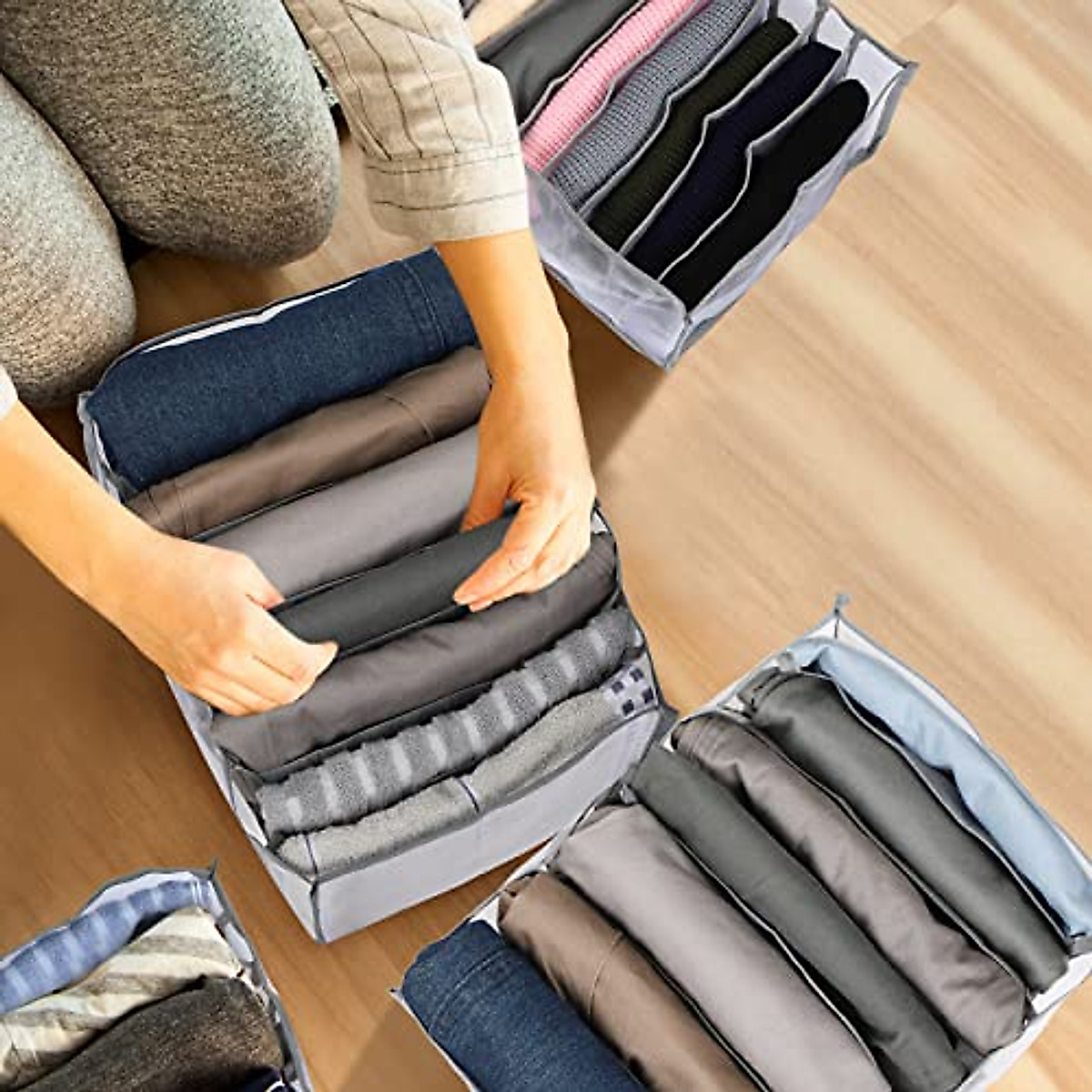 30 Pcs Wardrobe Clothes Organizer Clothing Drawer Organizer Foldable Mesh Closet Dividers Storage for Jeans, Trousers, T Shirts and Skirts (7 Grid)