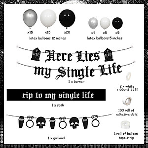 Gothic Bachelorette Party Decorations, Here Lies My Single Life Rip to My Single Life Halloween Bridal Shower Engagement Wedding Decor - Black Silver Balloons Garland Arch Kit Sash Banner