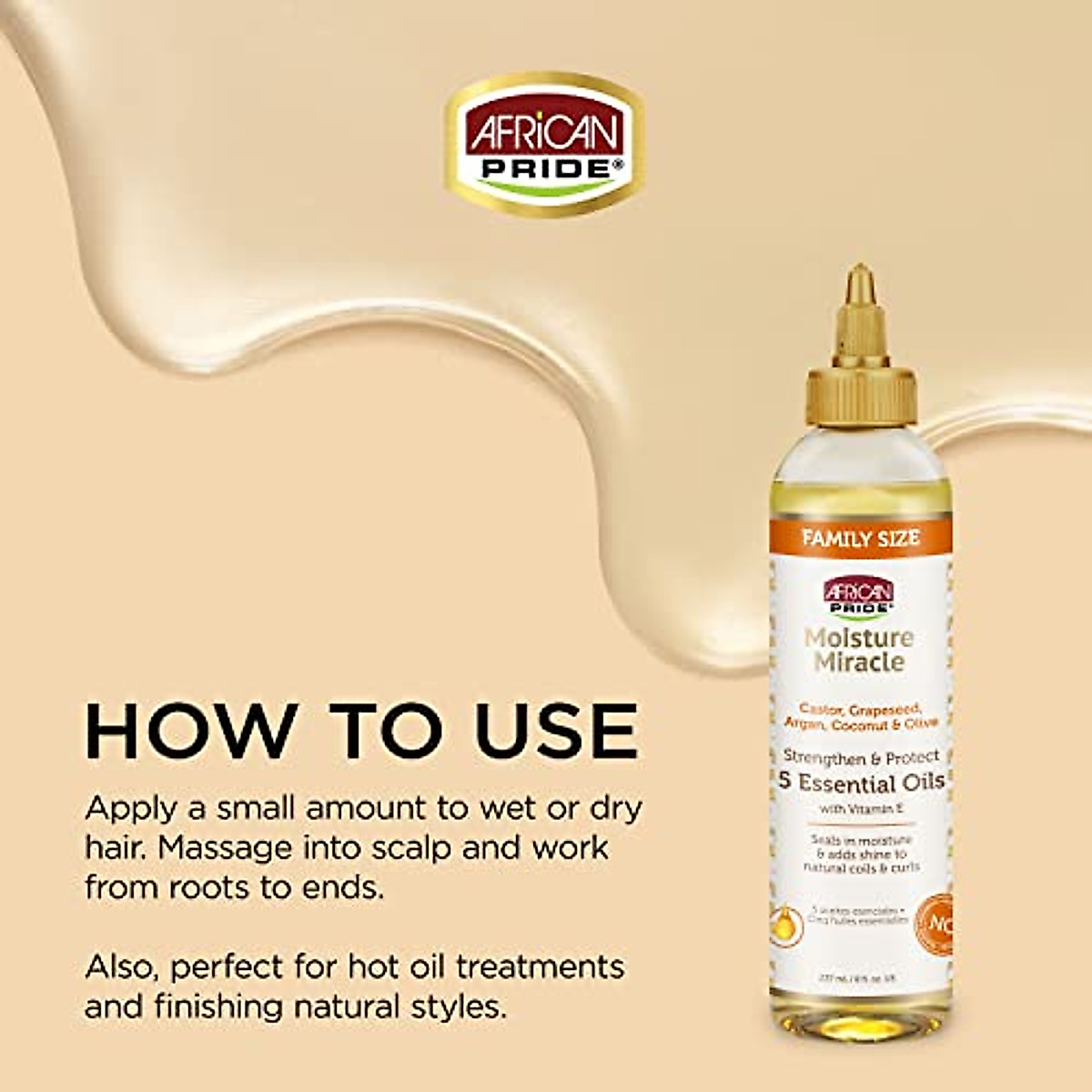 African Pride Moisture Miracle 5 Essential Hair Oils - Contains Castor, Grapeseed, Argan, Coconut & Olive Oil, Seals in Moisture & Adds Shine to Hair, Vitamin E, 8 oz
