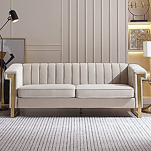 SLEERWAY Beige Velvet Couch Sofa, 84 Wide Mid-Century Modern Love Seat Tufted Chesterfield Velvet Sofa Loveseat Futon with Curved Arm Gold Leg, 3 Seat Large Comfy Couches Sofas for Livingroom (Beige)