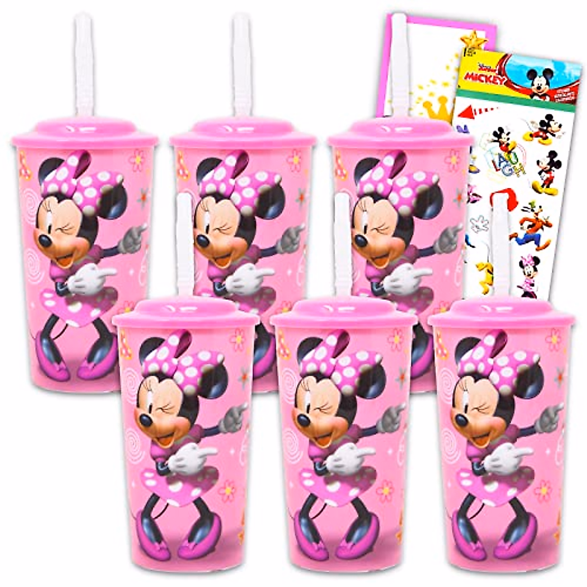 Disney Minnie Mouse Sippy Cup Set - 6 Pack Minnie Tumbler with Straw Bundle With Mickey Stickers and Princess Door Hanger (Minnie Cup for Toddlers Kids Adults)