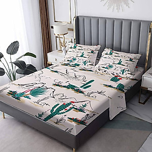 Cactus Sheets Full Size, Desert Landscape Bed Sheets, Patterned Bedding Sheets & Pillowcases 4 Piece Set - Soft Microfiber Deep Pocket Fitted Sheet & Flat Sheet & 2 Pillow Cases S3-&-184
