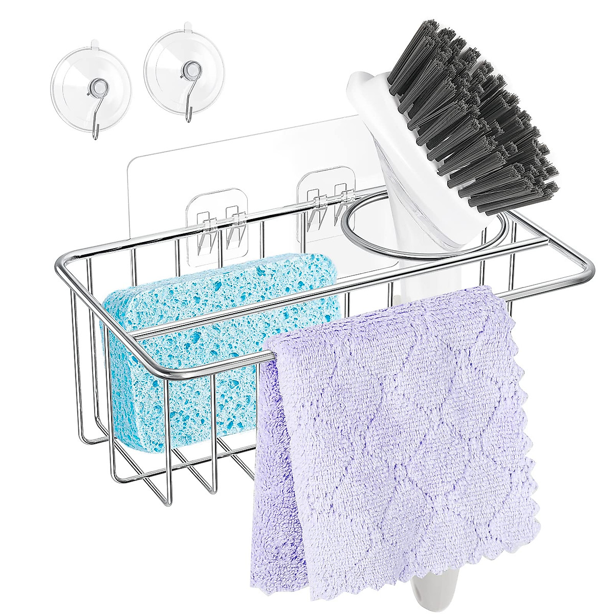 3 in 1 Sink Caddy Sponge Holder, VIS'V 304 Stainless Steel Adhesive Kitchen Sink Basket Sponge Holder Brush Holder Dishcloth Hanger Kitchen Sink Accessories Organizer Rack with 2 Suction Cups - Silver