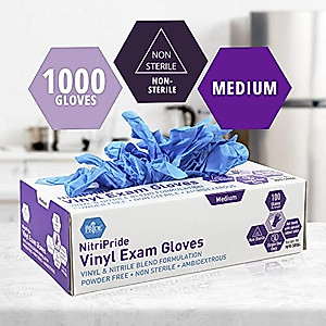 Med PRIDE NitriPride Nitrile-Vinyl Blend Exam Gloves, Medium 1000 - Powder Free, Latex Free & Rubber Free - Single Use Non-Sterile Protective Gloves for Medical Use, Cooking, Cleaning & More