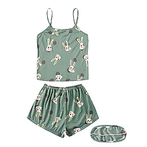 SheIn Women's Cute Cartoon Print Cami Top and Shorts Pajama Set with Eye Mask Green Rabbit Medium