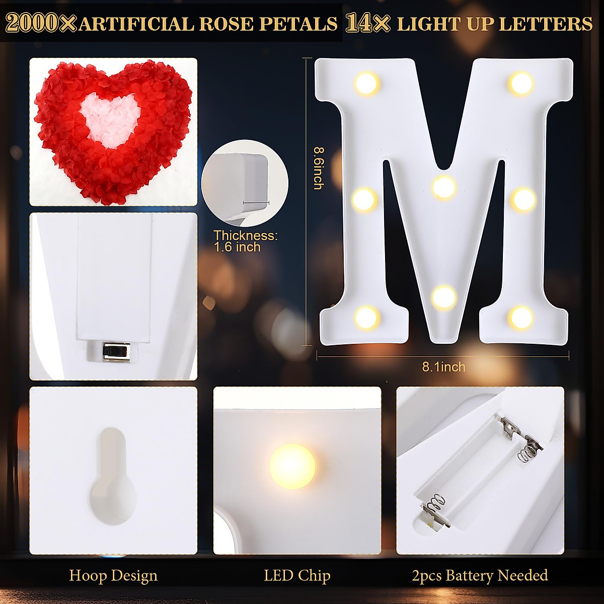Aurelema CASARTE CONMIGO Light Up Letter, 8.3'' Marry Me Decor Light Up Letters in Spanish LED Letter Lights with Rose Petals Battery Powered Marry Me Sign Lights Proposal Decor, 14 Letter, Warm White