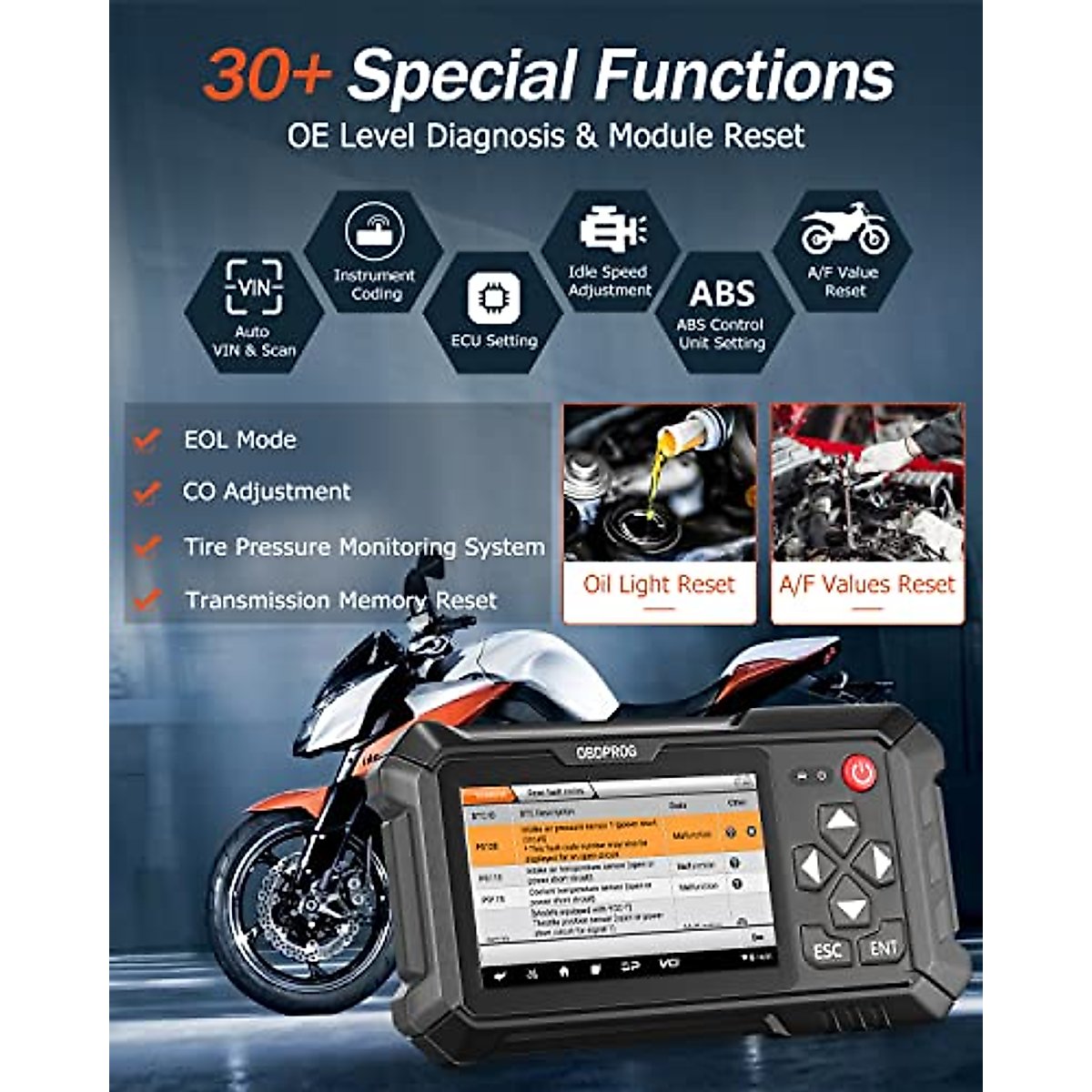 Motorcycle Diagnostic Scan Tool, OBDPROG Moto 100 Full System Scanner for Harley Honda Yamaha Victory Indian Polaris Brp, Engine ABS TPMS Auto Scan Code Reader, Oil Light Reset, 5.0 Touch Screen
