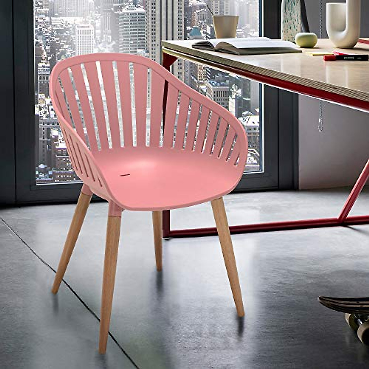 Armen Living Nassau Outdoor Patio Arm Dining Chairs, 17" Seat Height, Set of 2, Eucalyptus and Pink Peony