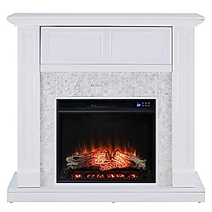 SEI Furniture Nobleman Mother of Pearl Tiled Electric Fireplace with Hidden Media Shelf, New White