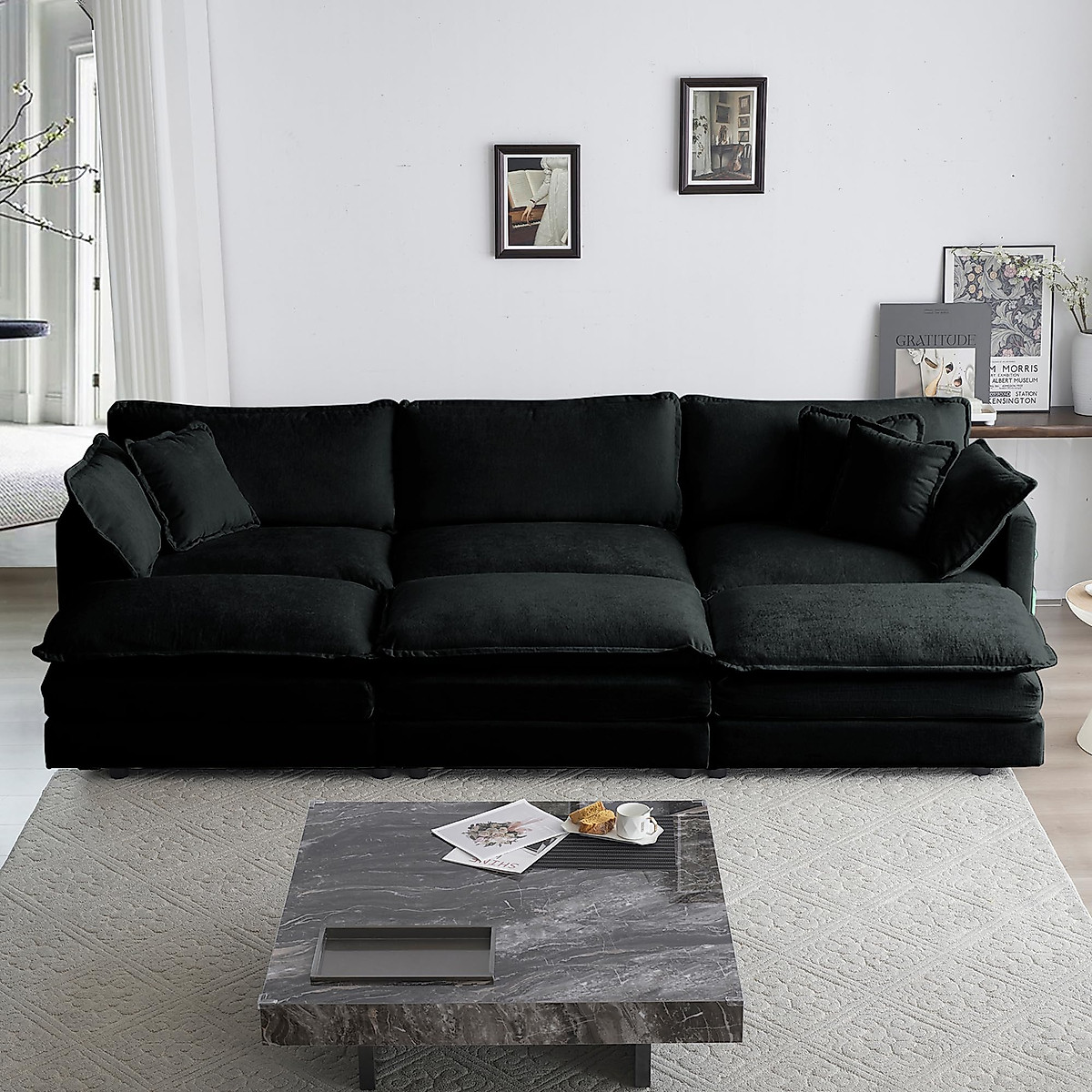 111.42" Deep Seat Sectional Cloud Sofa Sleeper with 3 Ottomans & Soft Pillows, 6 Seater Modular Couch Bed for Living Room, Apartment, Black Chenille