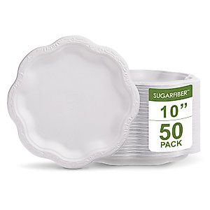 SUGARFIBER 10-inch Compostable Disposable Paper Plates, White Floral Acanthus Collection [50 COUNT]