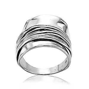 925 Sterling Silver Shield Ring Center Wire Wrap, Textured, Vintage Look Stylish Hypoallergenic, Nickel and Lead-free, Artisan Handcrafted Designer Collection Made in Israel (Size 5-11)