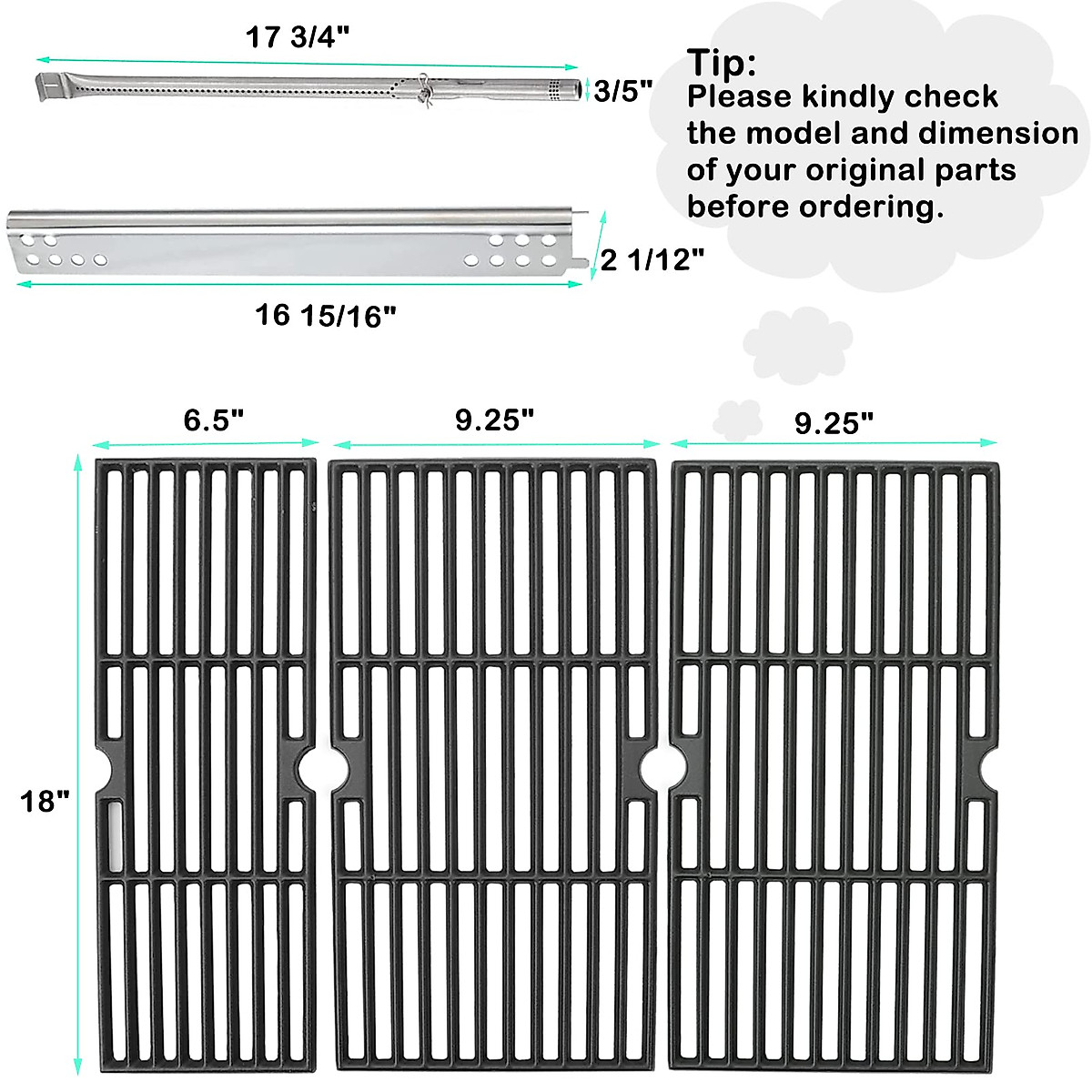 SUONA Grill Replacement Parts for Charbroil Performance 5 Burner 463347518 463347519 463335517 463342119 463347418 G470-0004-W1 G470-0004-W1A G470-0002-W1 Cooking Grate Heat Plates Burner Tube Kit