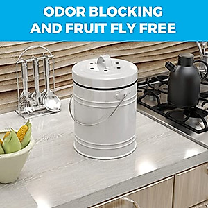 Cooler Kitchen 1.3 Gallon White Countertop Compost Bin - Kitchen Compost bin with EZ-No Lock Lid, Plastic Liner & Charcoal Filters - Sturdy Construction & Odor-Free Seal Dishwasher Safe