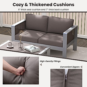 Tangkula Patio Aluminum Loveseat Sofa, Outdoor Furniture Set with Thick Back & Seat Cushions, Outside 2 Seats Sofa Conversation Set for Yard, Balcony, Garden (Gray)