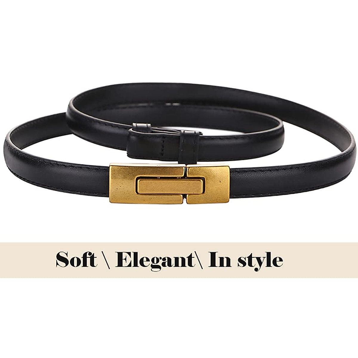 ALAIX Women's Leather Skinny Belt for Dress Adjustable Thin Waist Belt Dress Belt with Vintage Gold Buckle Black