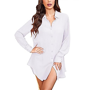 Ekouaer Sleepshirt for Women Button Down Long Sleeve Pajama Tops Loose Fit Boyfriend Nightwear White M
