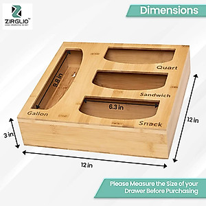 Premium Bamboo Plastic Bag Storage Organizer and Baggie Dispenser ┃ Gallon, Quart, Sandwich, Snack Sizes ┃ Food Bags Holders in Kitchen Drawers, Pantry, or Wall Mount | by ZIRGLIO (4 Slots)