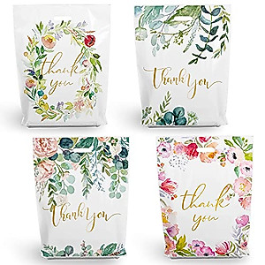 Whaline 48 Pack Thank You Bag with Die Cut Handle 4 Design Floral Theme Plastic Boutique Bags 12 x 16 Inch Bulk Thank You Gift Bags for Wedding Birthday Baby Shower Party Favors Shopping Retail