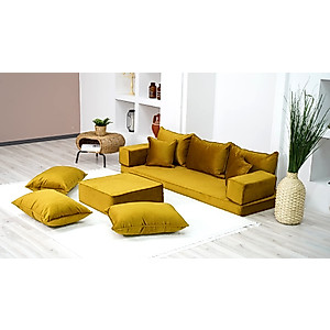 Gold Velvet Fabric Floor Seating, Sectional Sofa, Velvet Floor Sofa, Meditation Sofa, Arabic Floor Sofa Set, Floor Couches (Sofa Full Set, 4'' Thickness Sofa)