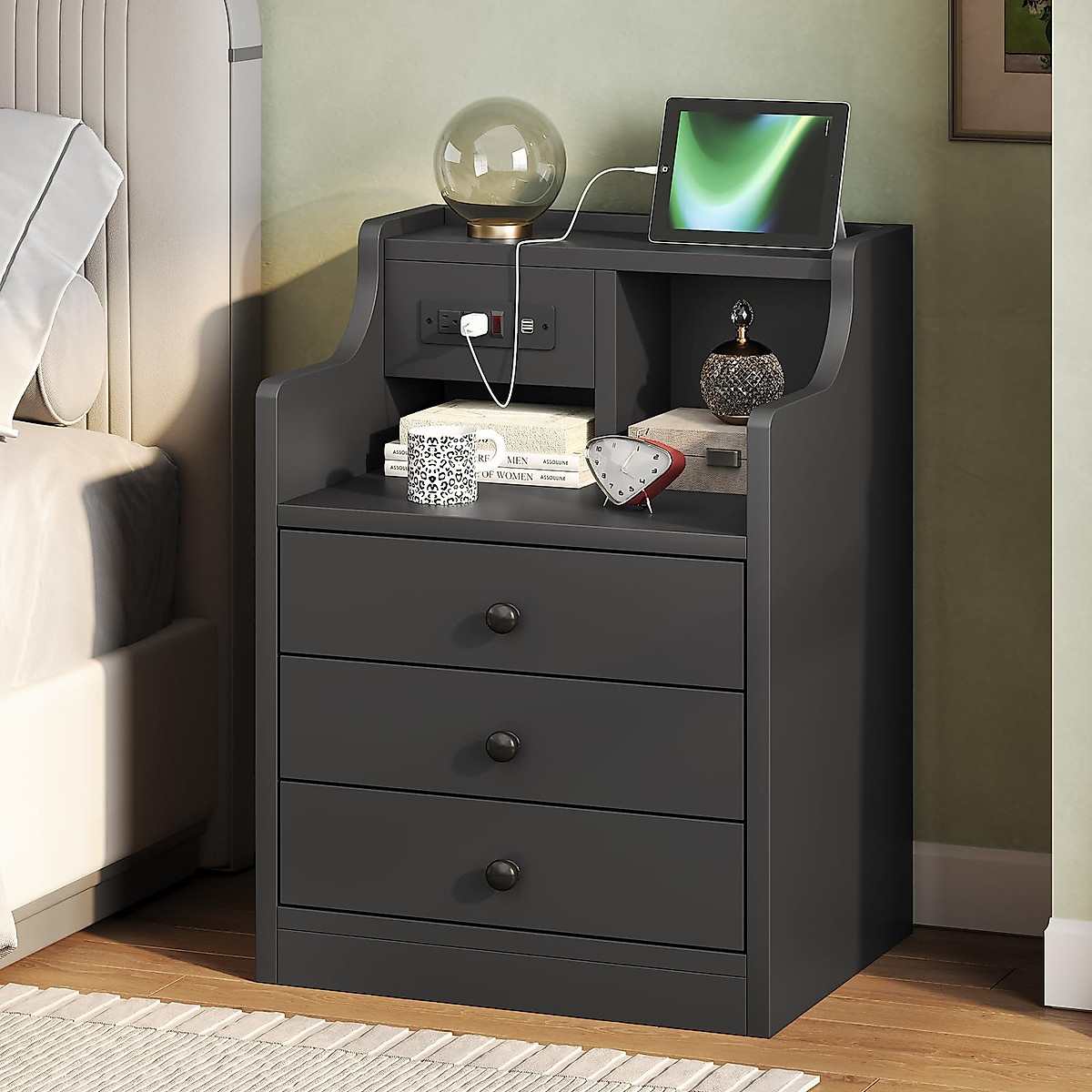 Tiptiper Black Nightstand with Charging Station 3 Drawers, Wood Sofa End Side Table with USB Ports and Outlet, Bedside Table Bedroom Nightstand with Sliding Drawer & Hutch