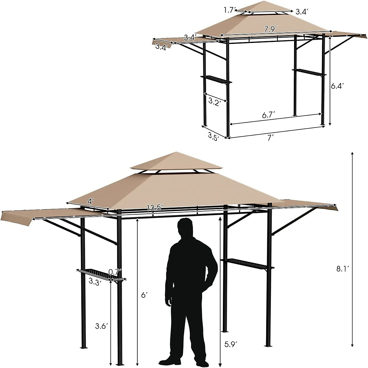 Tangkula 13.5x4 Ft Grill Gazebo with Dual Side Awnings, Double Tier BBQ Gazebo with 2 Side Shelves, Heavy-Duty Steel Frame, CPAI-84 Barbecue Grill Gazebo Shelter for Patio, Garden, Beach, Terrace
