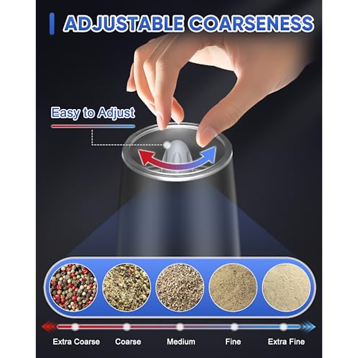 Gravity Electric Pepper and Salt Grinder Set, Adjustable Coarseness, With LED Light, One Hand Automatic Operation, Stainless Steel Black, (2 Pack Black)