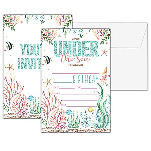 Chuxvon Birthday Party Invitations, Under The Sea Birthday Invitations, Double-Sided Watercolor Ocean Animals Themed Fill In Invites, Ocean Birthday Party Decorations, 20 Cards With 20 Envelopes(B04)