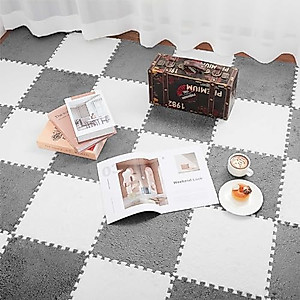 Flutesan 15 Pcs Plush Puzzle Foam Floor Mat Square Interlocking Carpet Tiles with Border Soft Fluffy Play Mat Flooring Climbing Area Rugs for Home Playroom Parlor Decor 11.8''(White, Gray)
