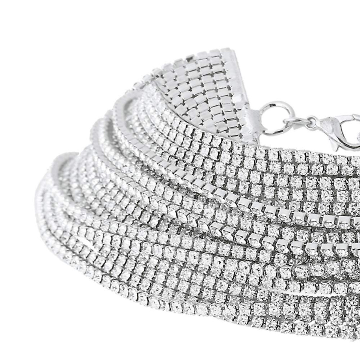 YERTTER Women Waterfall Rhinestone Chain Multilayered Chain Full Crystal Tight Sparkly Choker for Party Prom Vacation (Silver)