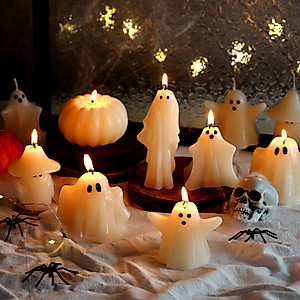 MTLEE 12 Pcs Halloween Ghost Candles Large White Spooky Candle Halloween Decoration Candles Novelty Horror Ghost Pumpkin Decorative Burning Candle for Halloween Party Table Home Decor