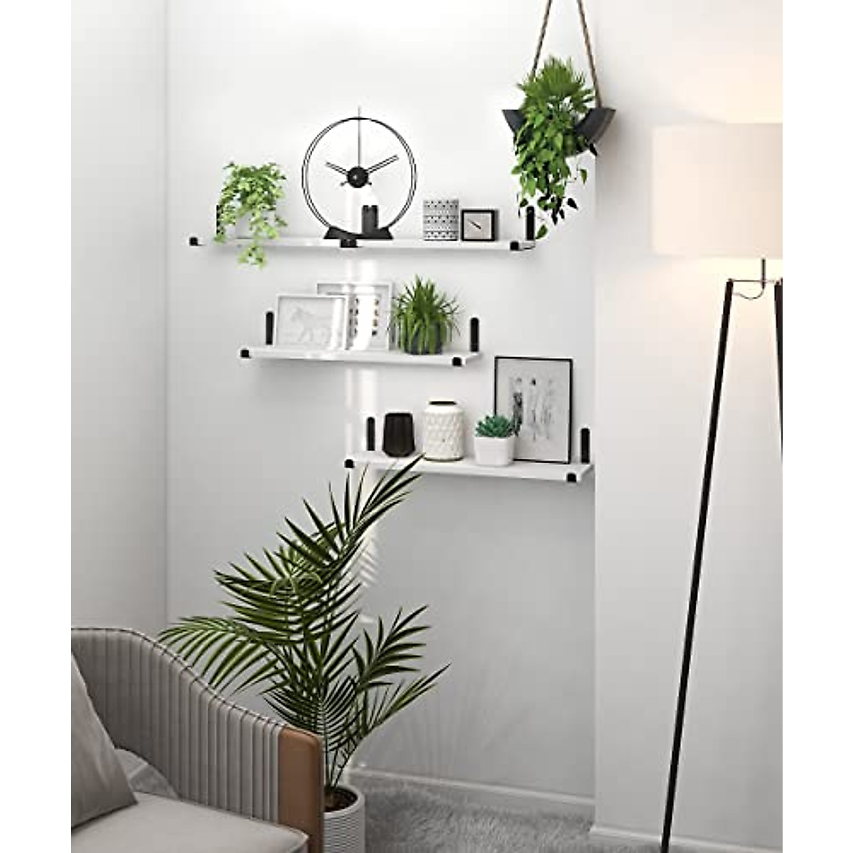 Godimerhea White Floating Shelves for Wall, Long Wall Mounted Set of 2, Modern Neutral Wooden Storage Decorative Hanging Shelf with Black Metal Brackets for Bathroom Living Room, Kitchen, 24 Inch