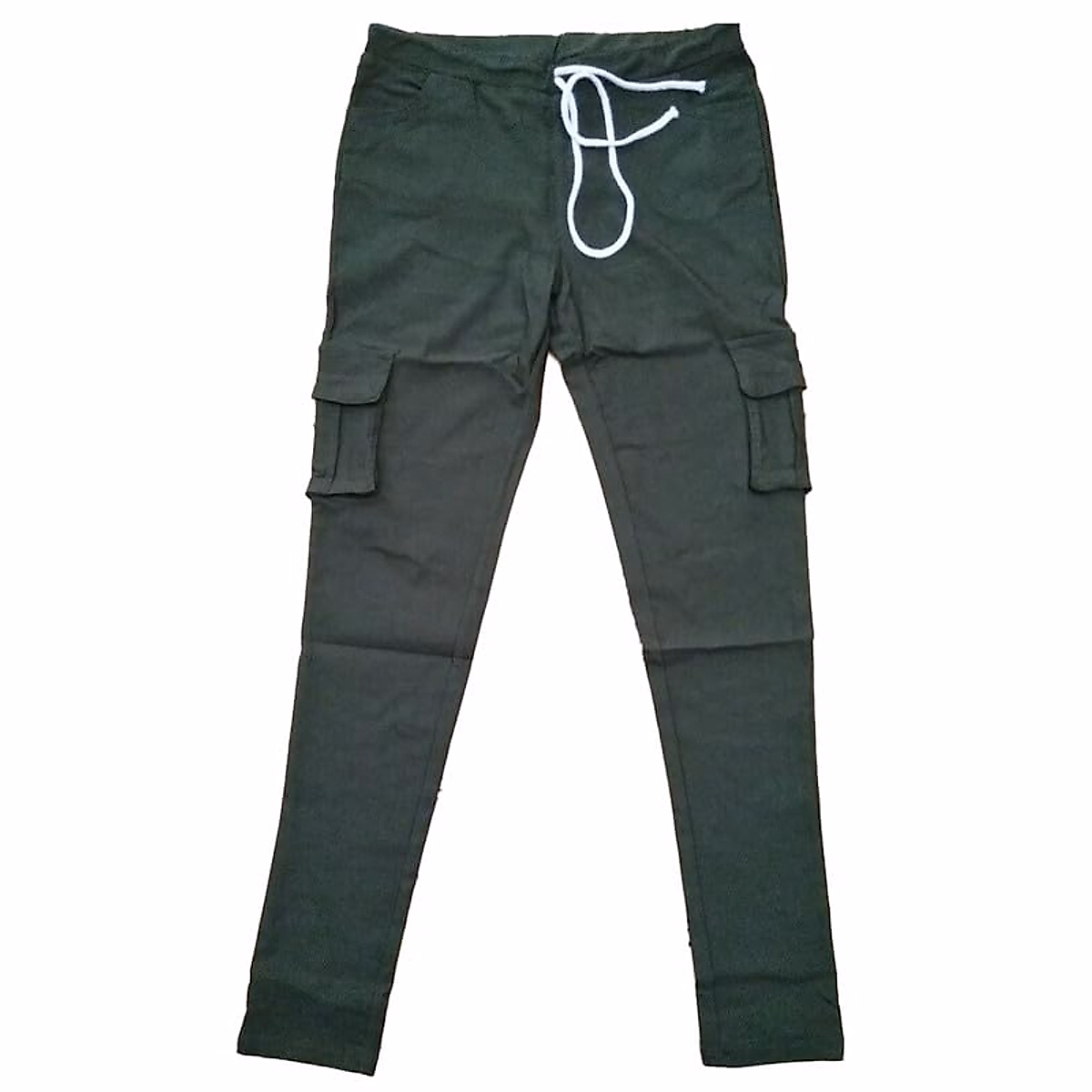 Andongnywell Womens Casual Stretch Drawstring Skinny Pants Cargo Jogger Pants High Waist Tie Butt Lift Pant with Pockets (White,XXX-Large)