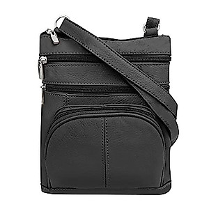 Roma Leathers Crossbody Zippered Purse - 3 Front Pockets, Adjustable Strap - Black