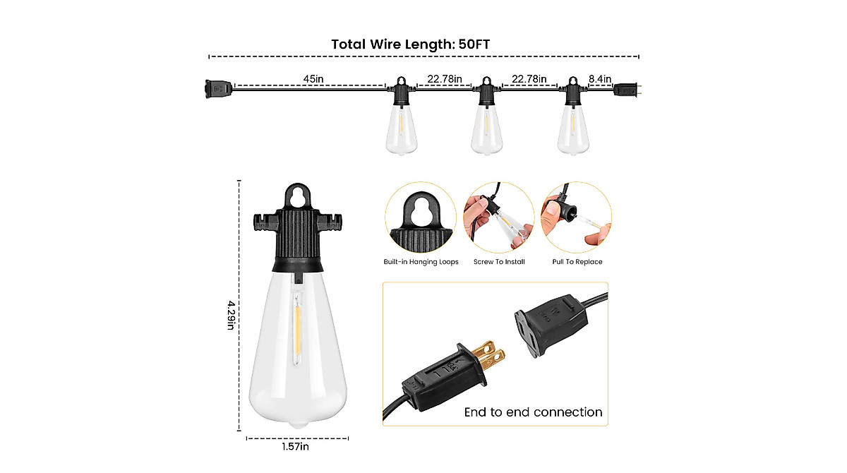 50 FT LED Outdoor String Lights - Waterproof and Dimmable