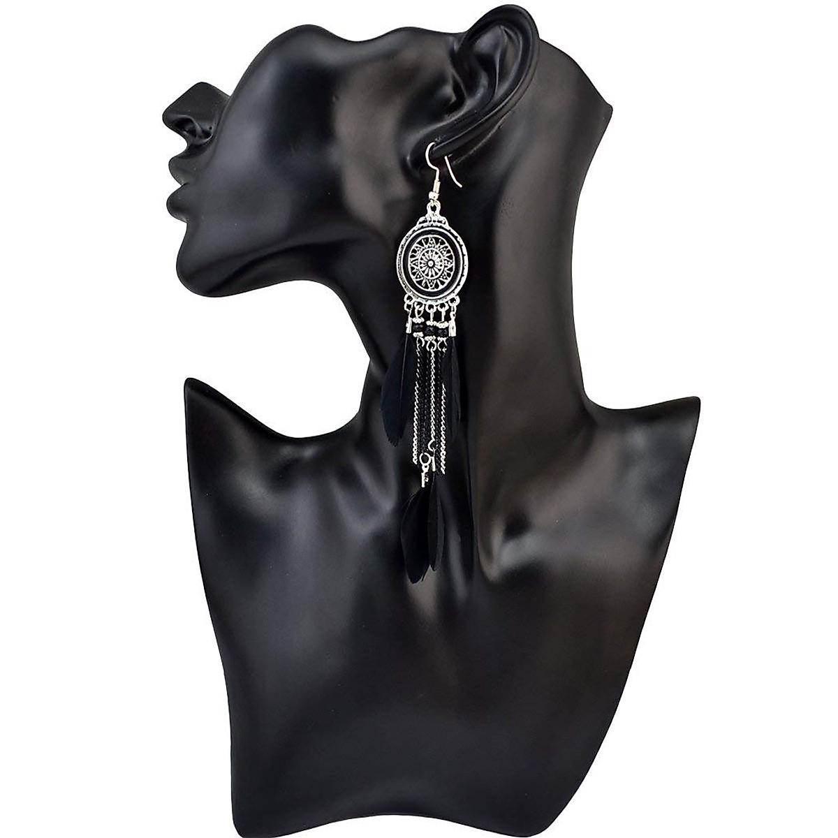 Vintage Retro Boho Ethnic Silver Plated Alloy Chain Tassel Dangle Earrings Feather Fringe Drop Long Earrings (Black)