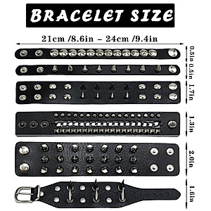 6 Pieces Punk Studded Bracelet Goth Bracelet Leather Rivets Spike Bracelet Cuff Adjustable Metal Wristband Gothic Accessories for Men Women Halloween