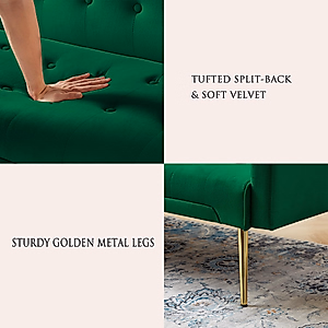 72"Modern Velvet Sofa Bed Futon,Convertible Folding Sleeper Bed Couches with 3 Adjustable Backrests,Tufted Recliner Love Seat with Golden Chrome Legs for Living Room Apartment Home Office (Green)