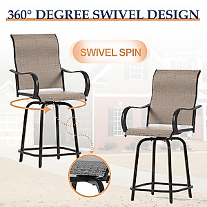 UDPATIO Patio Swivel Bar Stools Chair of 2, Outdoor Bar Height Set, All Weather High Back and Armrest Patio Stools & Bar Chairs for Backyard, Lawn Garden, Balcony and Pool, Brown